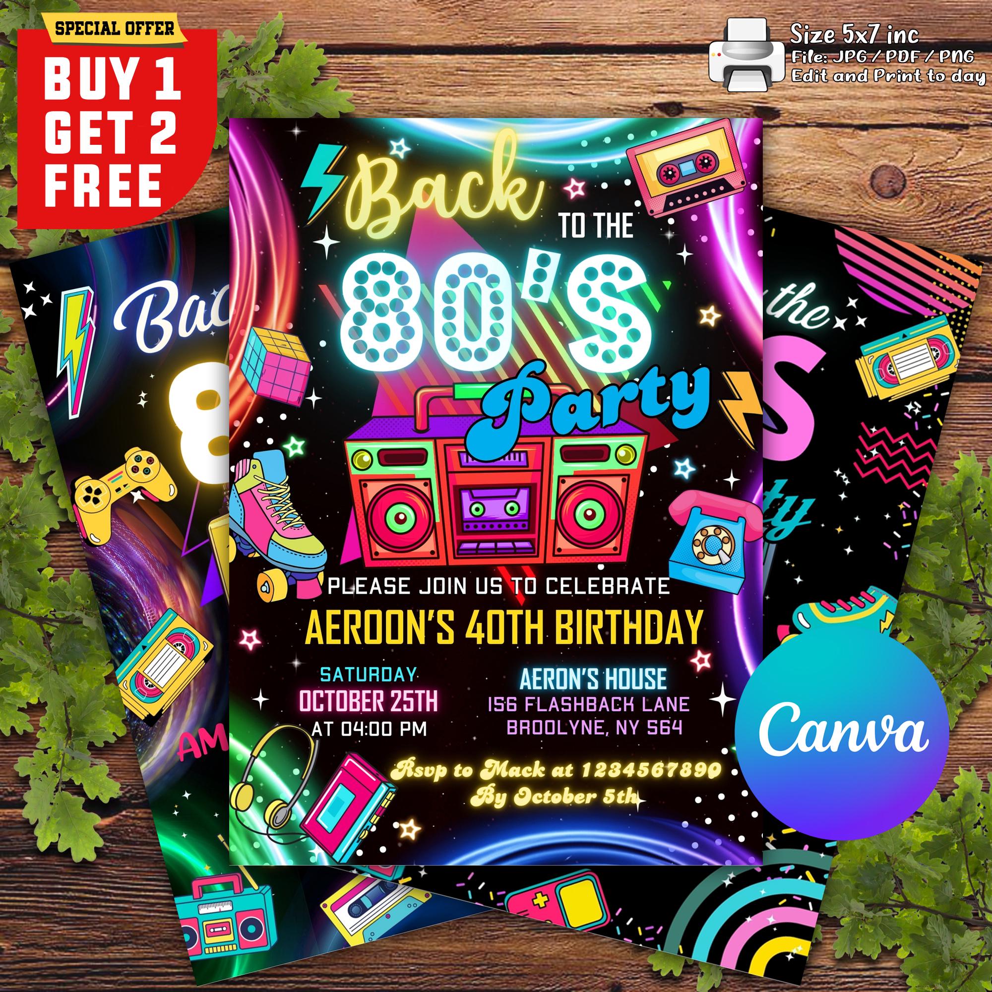 Editable 80s Birthday Party Invitation, Back to the 80s, Throwback Party, Neon Party, Glow Dance ...