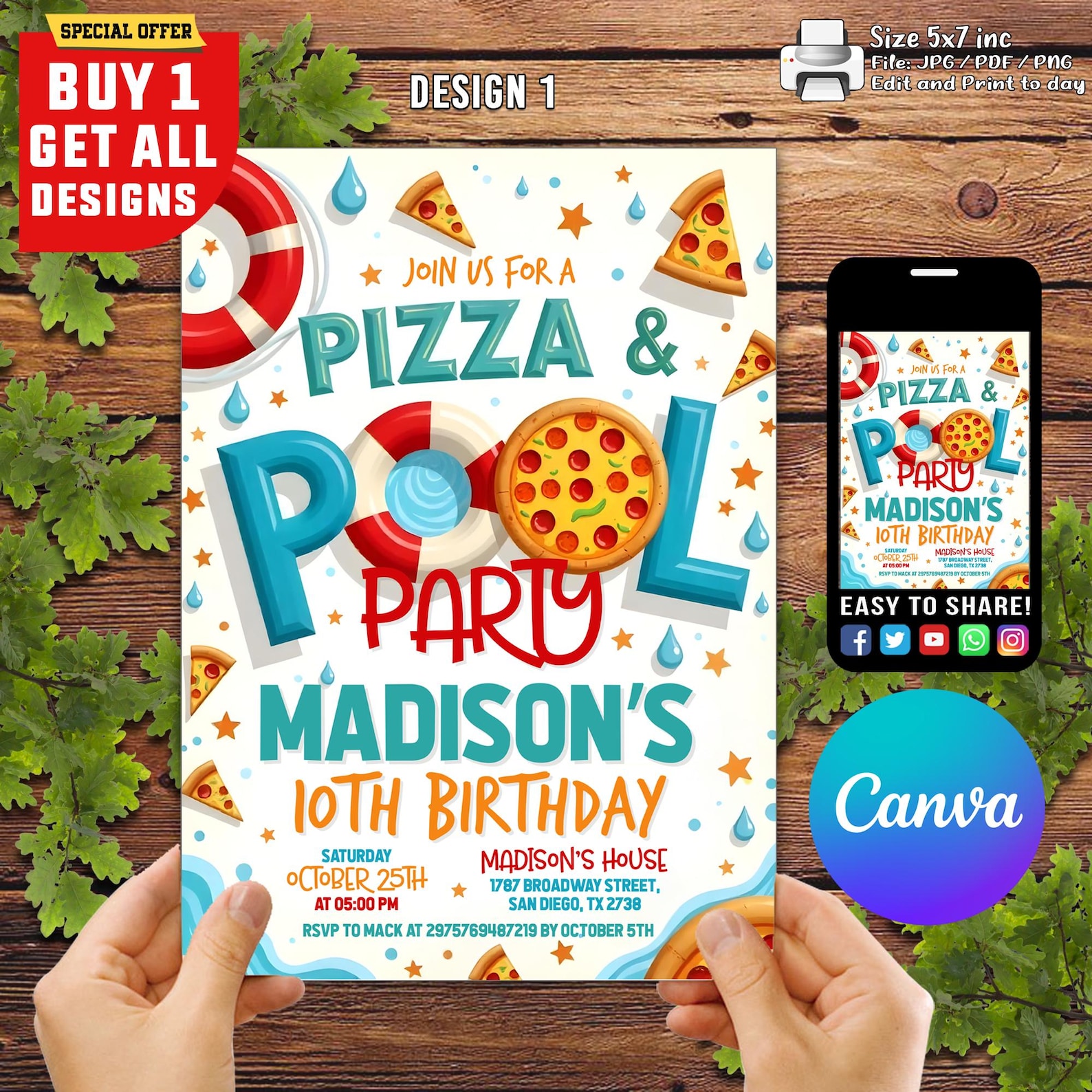 Pizza Pool Party Invitation, EDITABLE Swimming Party Invite, Tropical ...