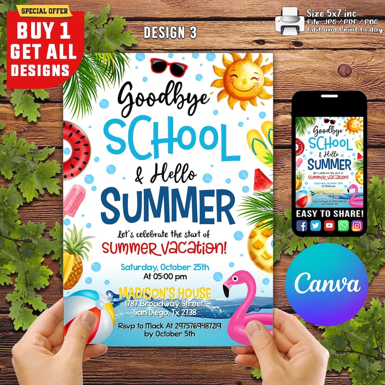 Goodbye School Hello Pool Invitation Template, Editable Pool Party ...