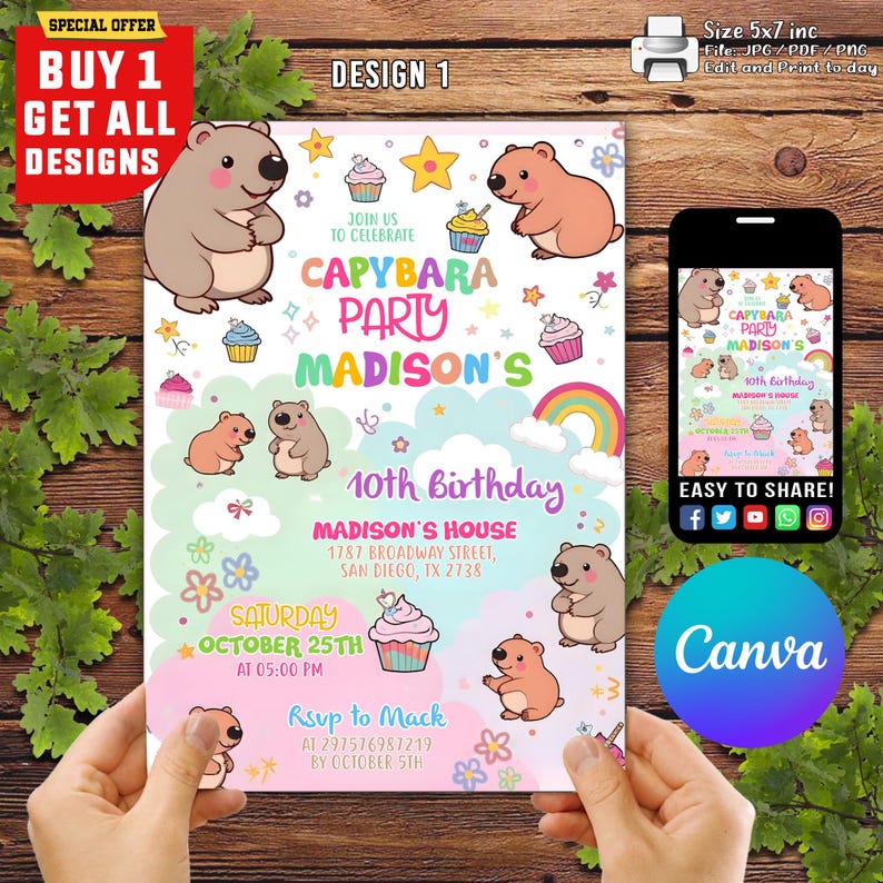 Capybara Birthday Invitation, Cute Pink Capy Birthday, Animals Kid's ...