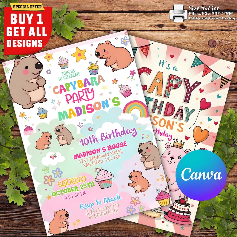 Capybara Birthday Invitation, Cute Pink Capy Birthday, Animals Kid's ...
