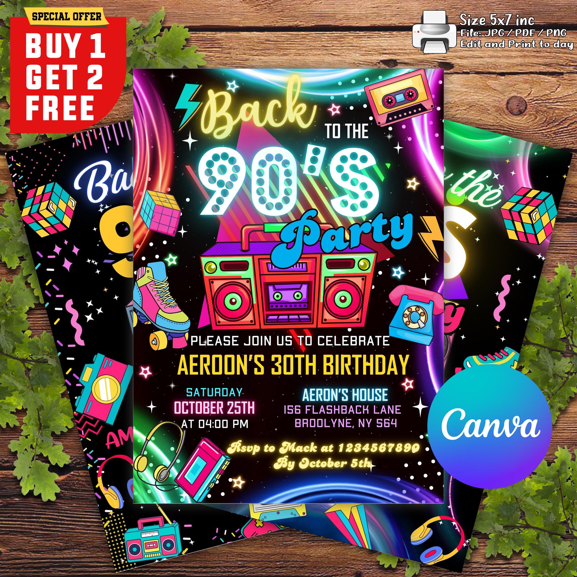 Editable 90s Birthday Party Invitation Back to the 90s Neon Party Glow ...
