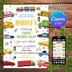 Editable Transportation Invitation Honk Beep Choo Choo Train Truck ...