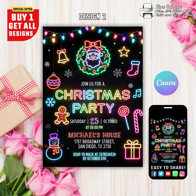 Editable Neon Christmas Party Invitation, Glow Christmas Party Invite ...