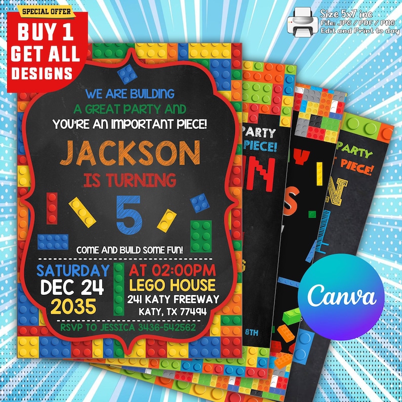 Editable Building Blocks Birthday Party Invitation, Digital Invitation ...