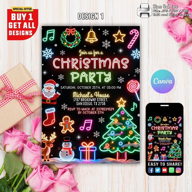 Editable Neon Christmas Party Invitation, Glow Christmas Party Invite ...