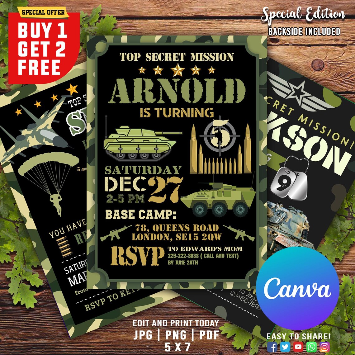 Editable Military Party Invitations, Army Birthday Invitation, Soldier ...
