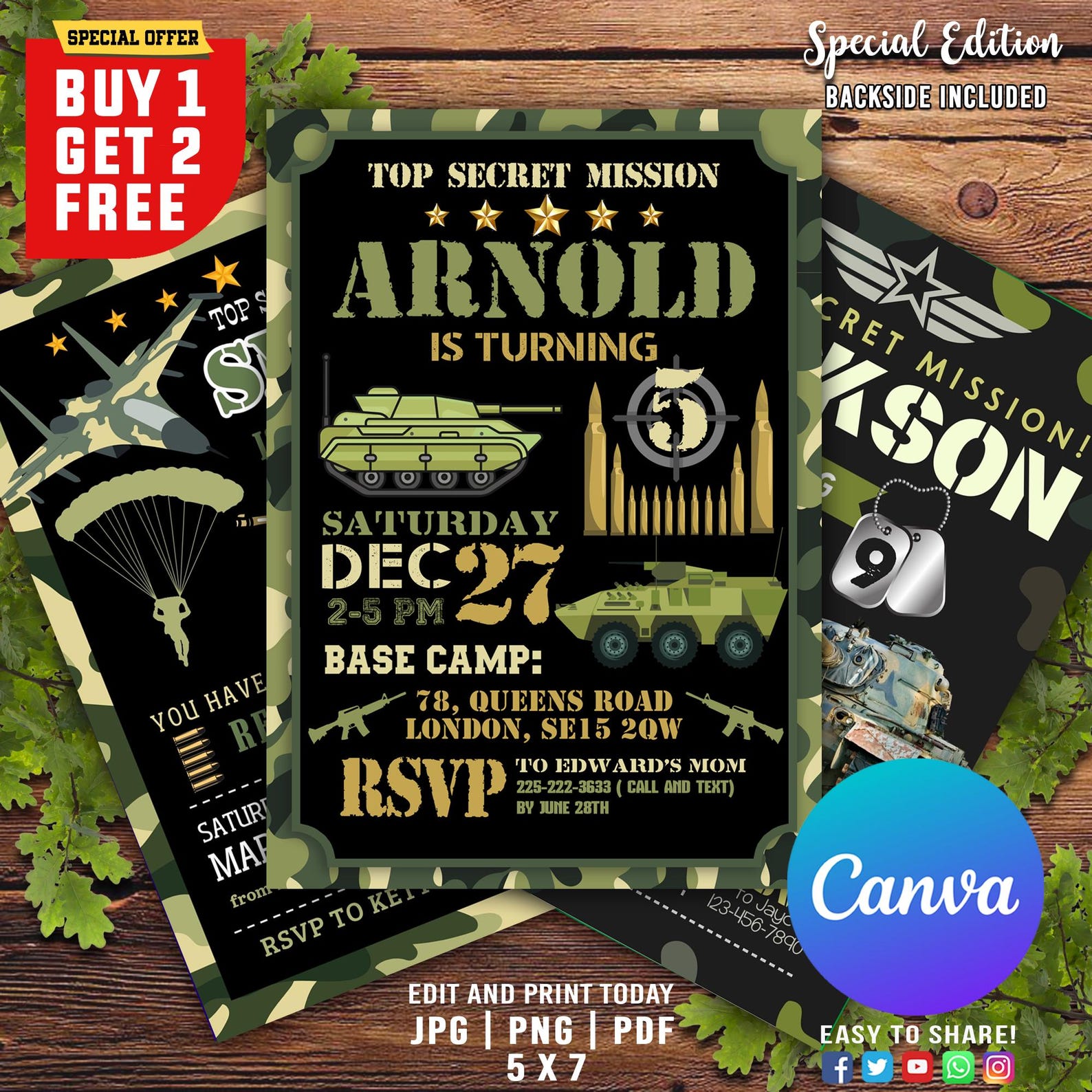 Editable Military Party Invitations, Army Birthday Invitation, Soldier ...