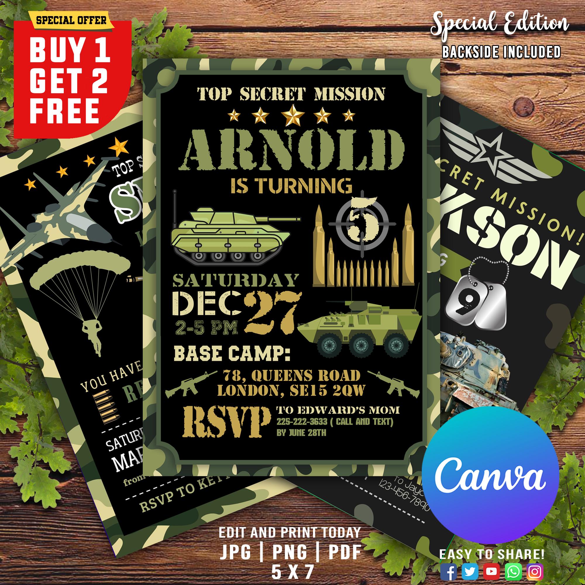 Editable Military Party Invitations, Army Birthday Invitation, Soldier ...