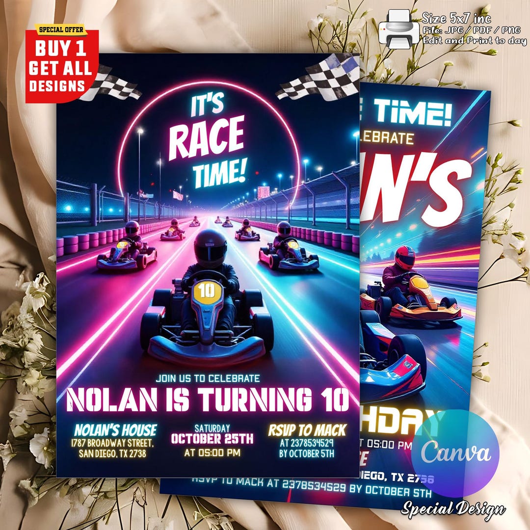 Go Kart Birthday Invitation, Go Kart Birthday Party, Go Kart Party ...