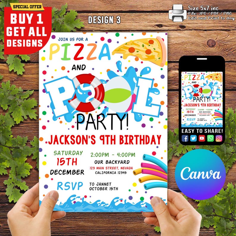 Editable Pizza Pool Party Invitation, Pizza and Pool Party Invite, Boy ...
