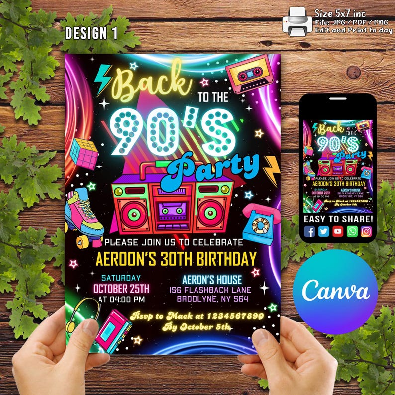 Editable 90s Birthday Party Invitation Back to the 90s Neon Party Glow ...