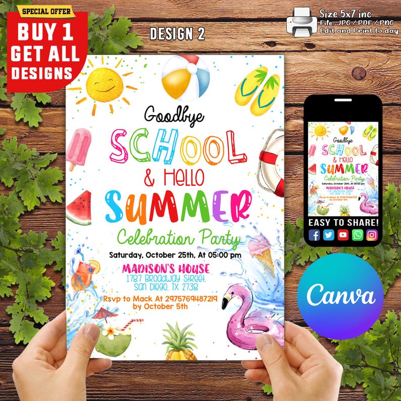 Goodbye School Hello Pool Invitation Template, Editable Pool Party ...