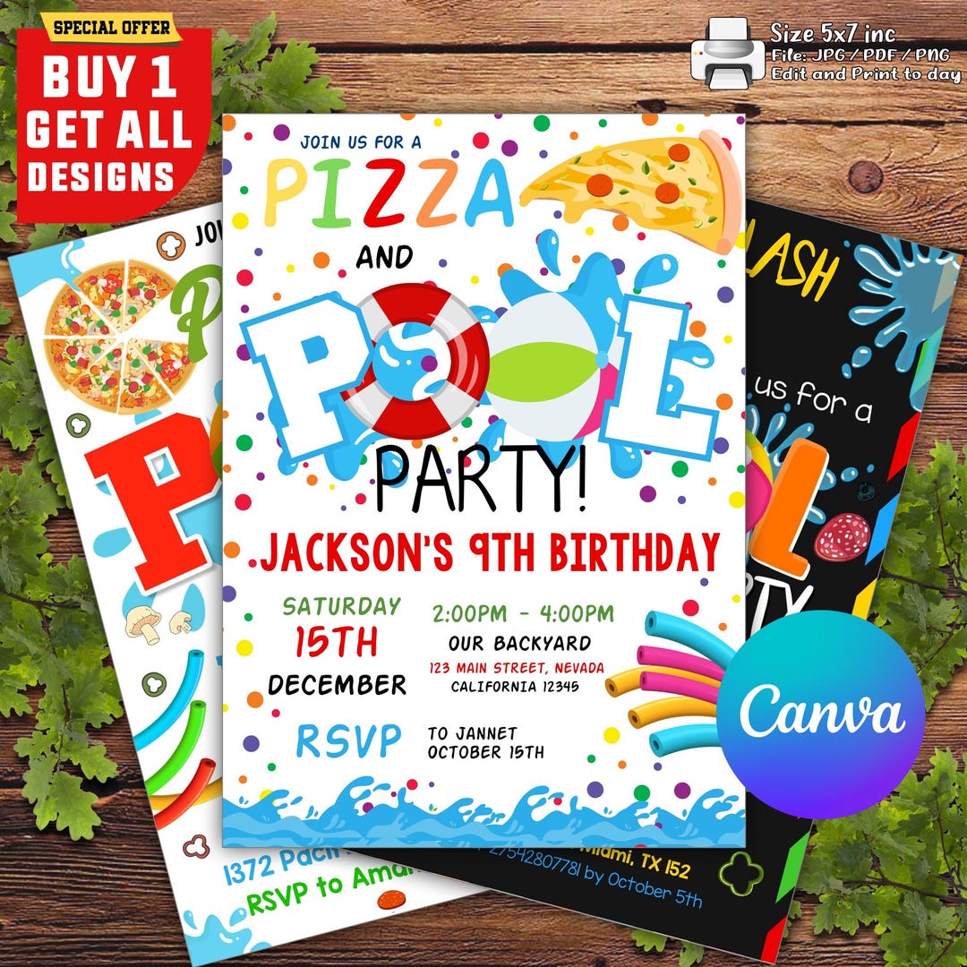 Editable Pizza Pool Party Invitation, Pizza and Pool Party Invite, Boy ...