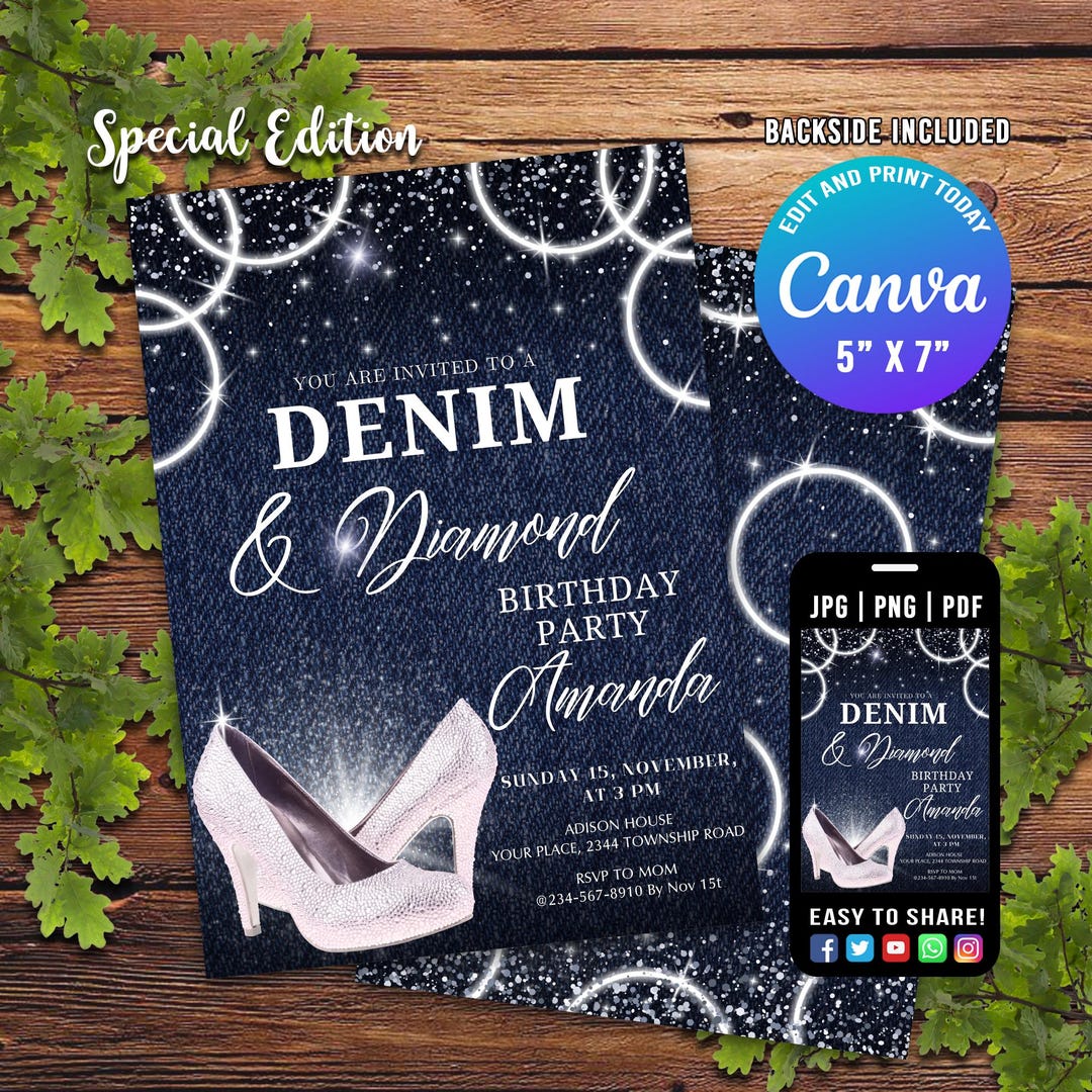Editable Denim and Diamond Invitation, Modern Glitter Sparkle Jewels ...