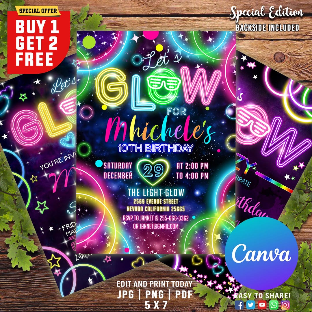 Glow Party Birthday Invitation, Glow Invitation, Girl, Boy, Neon Party ...
