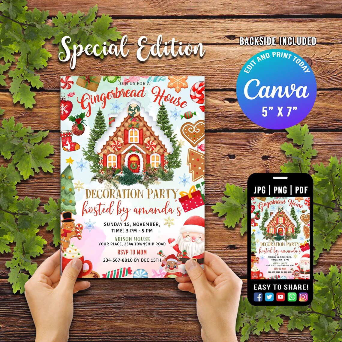 Editable Gingerbread House Birthday Party Invitation, Christmas Cookie ...