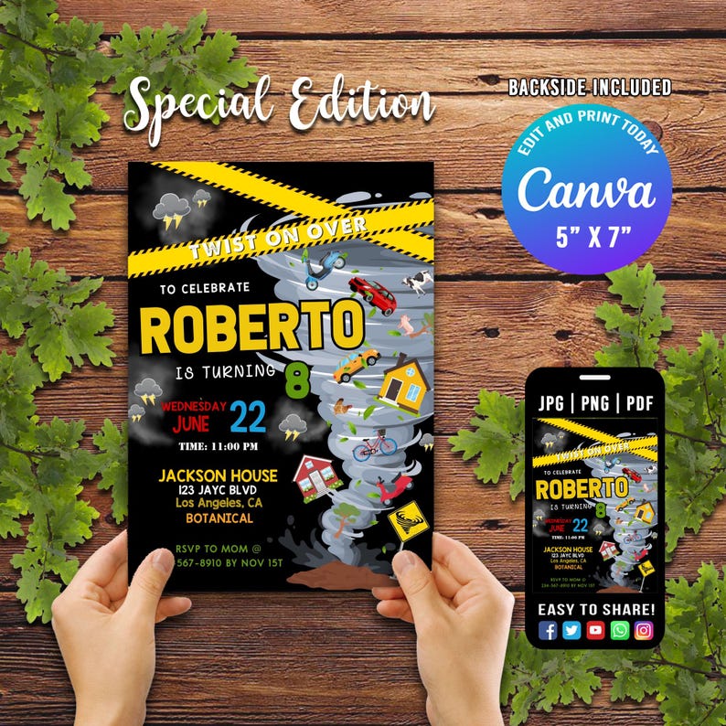 Editable Tornado Birthday Invitation, Storm Hurricane Fournado Party E ...