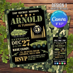 Editable Military Party Invitations, Army Birthday Invitation, Soldier ...