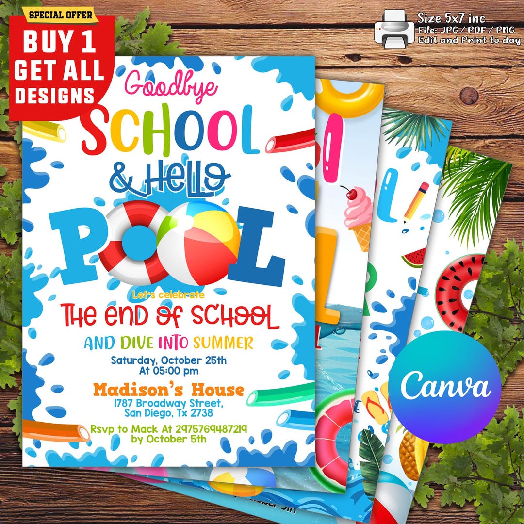Goodbye School Hello Pool Invitation Template, Editable Pool Party ...