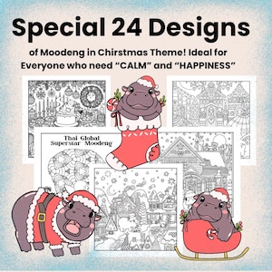Stress Relief Coloring Pages Special moodeng in Christmas Theme in PDF ...