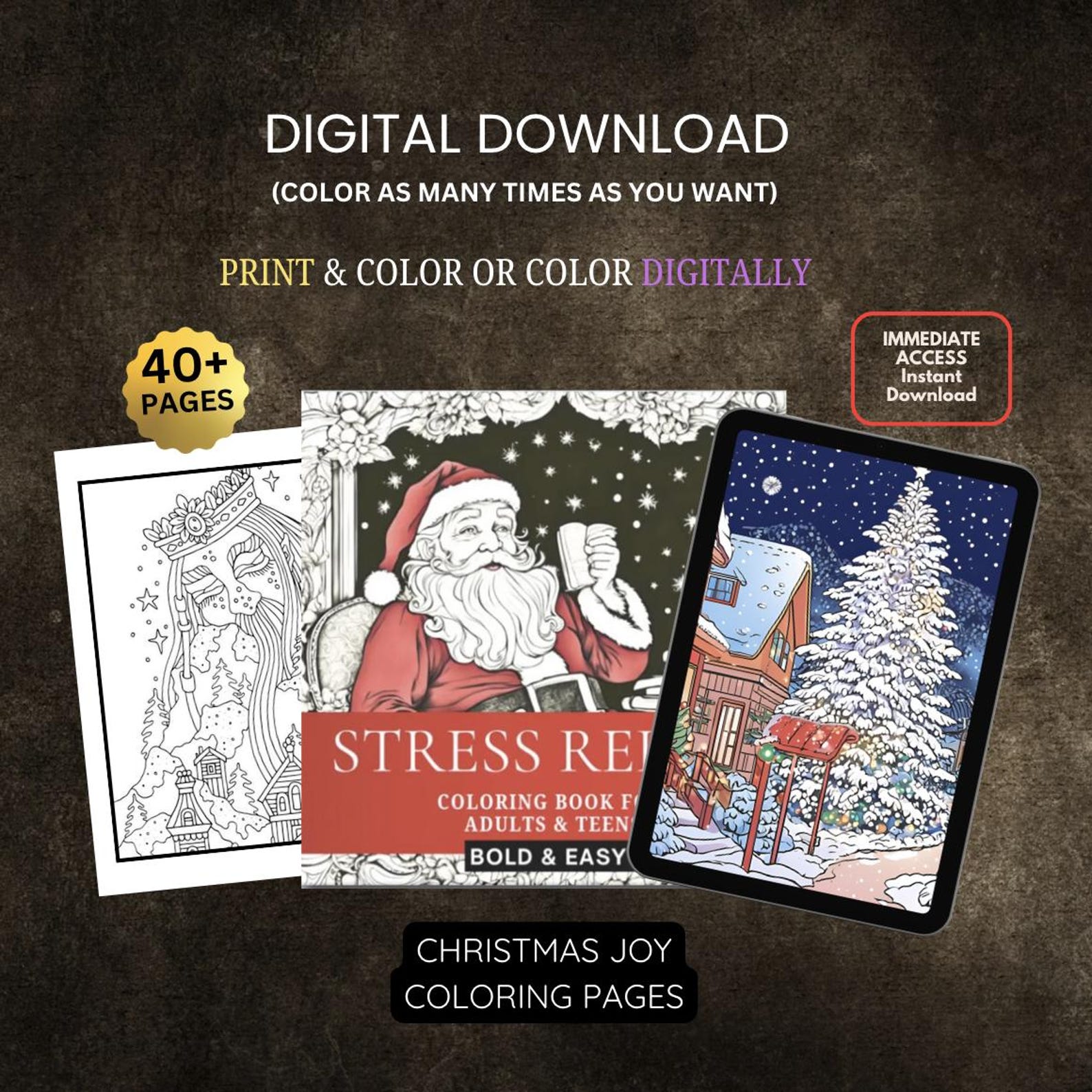 Digital Christmas Coloring Book / Stress Relief Coloring Pages for ...