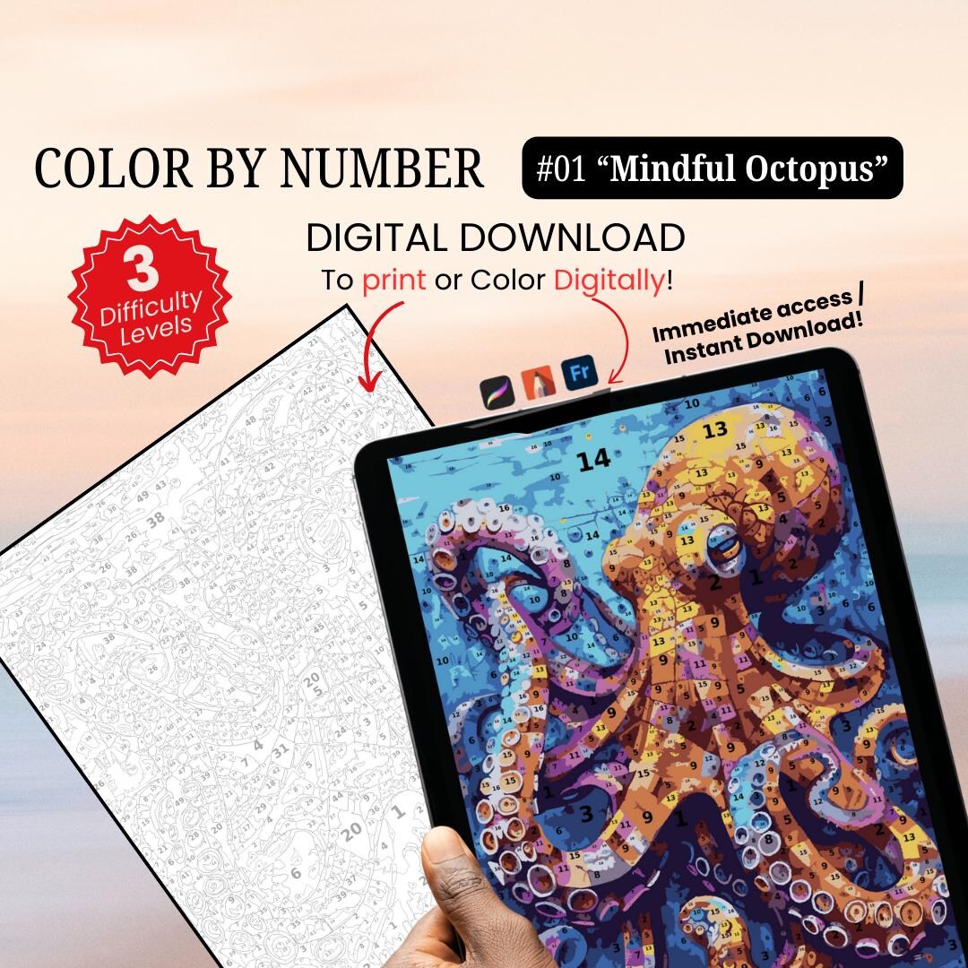 Mindful Octopus Paint by Numbers | Digital Coloring Pages for Adults ...