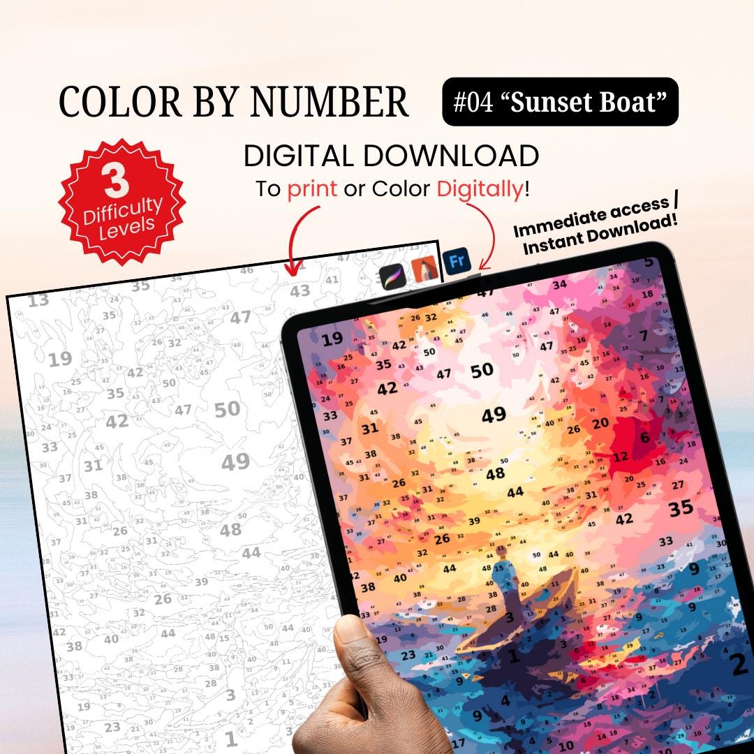 Color by Numbers for Adults Sunset Boat/ Printable Paint by Numbers / Digital Coloring Pages ...