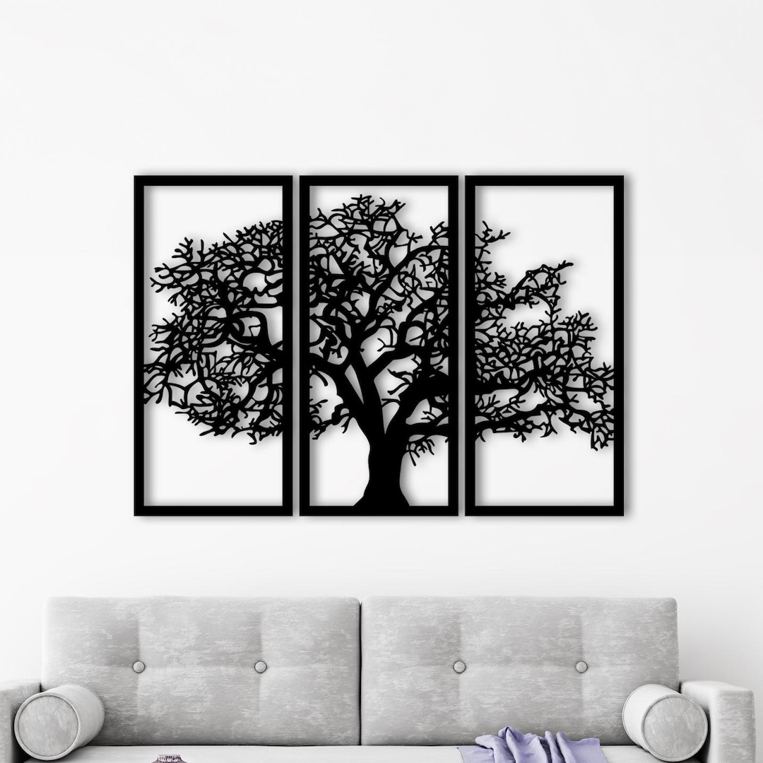 Black Tree of Life, Triptych Tree Wall Decor, Modern Metal Wall Art, Living Room Wall Sculpture ...