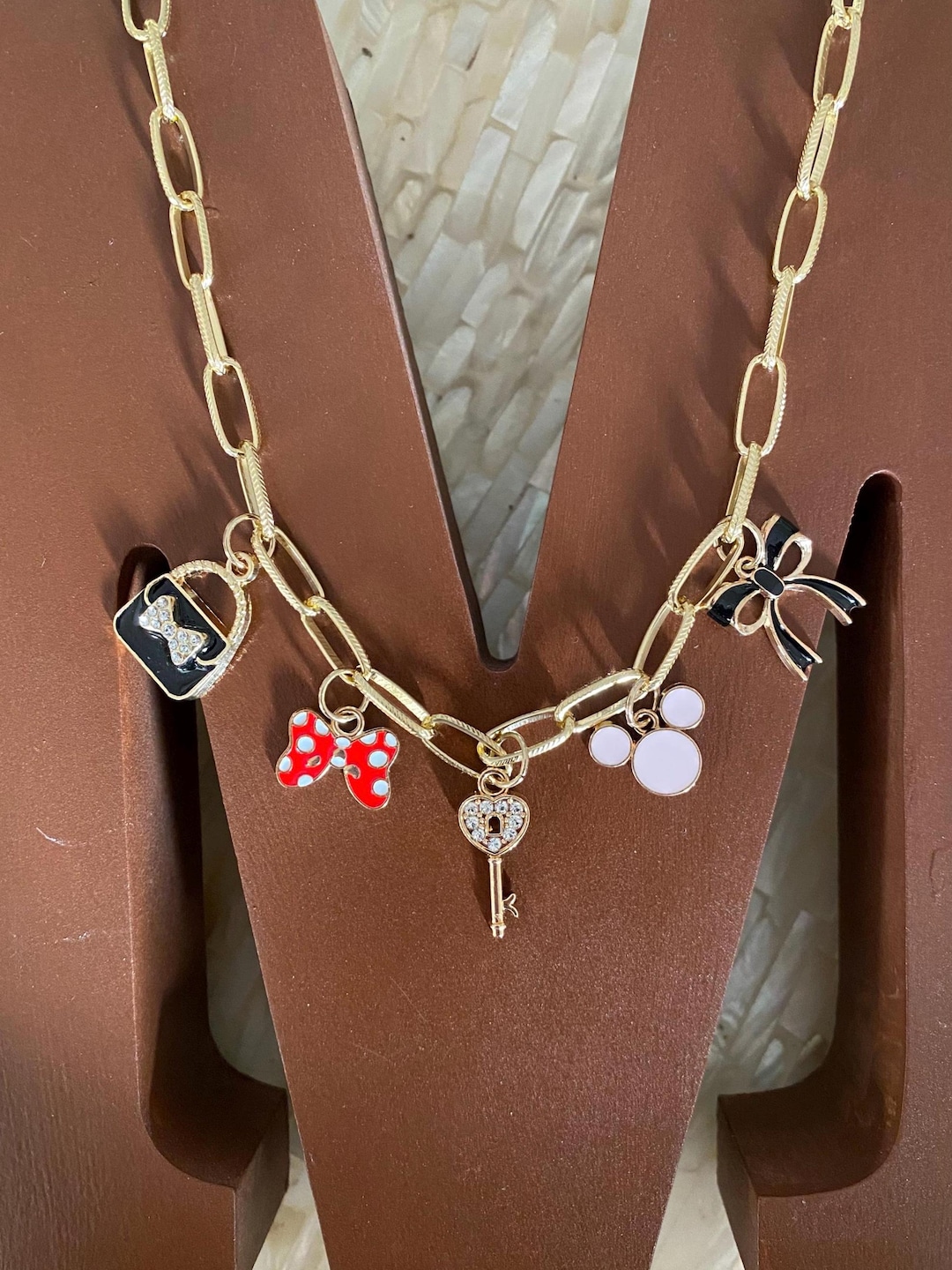 Fancy Minnie Inspired Gold Tone Paper Clip Charm Necklace With 5 Charms ...