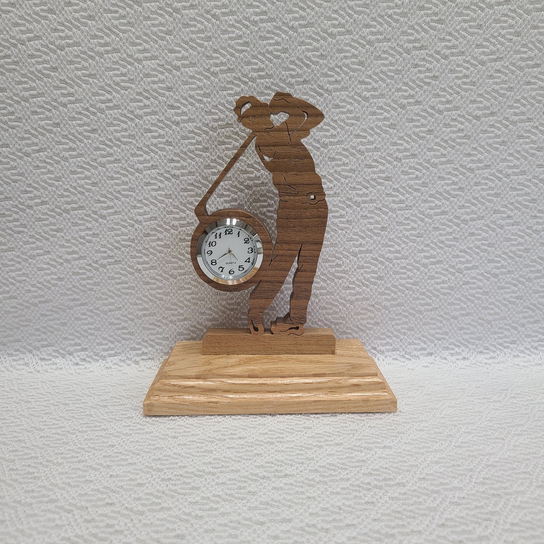 Small Golfer Clock Hand Crafted From Walnut and Oak Base With a Scroll ...