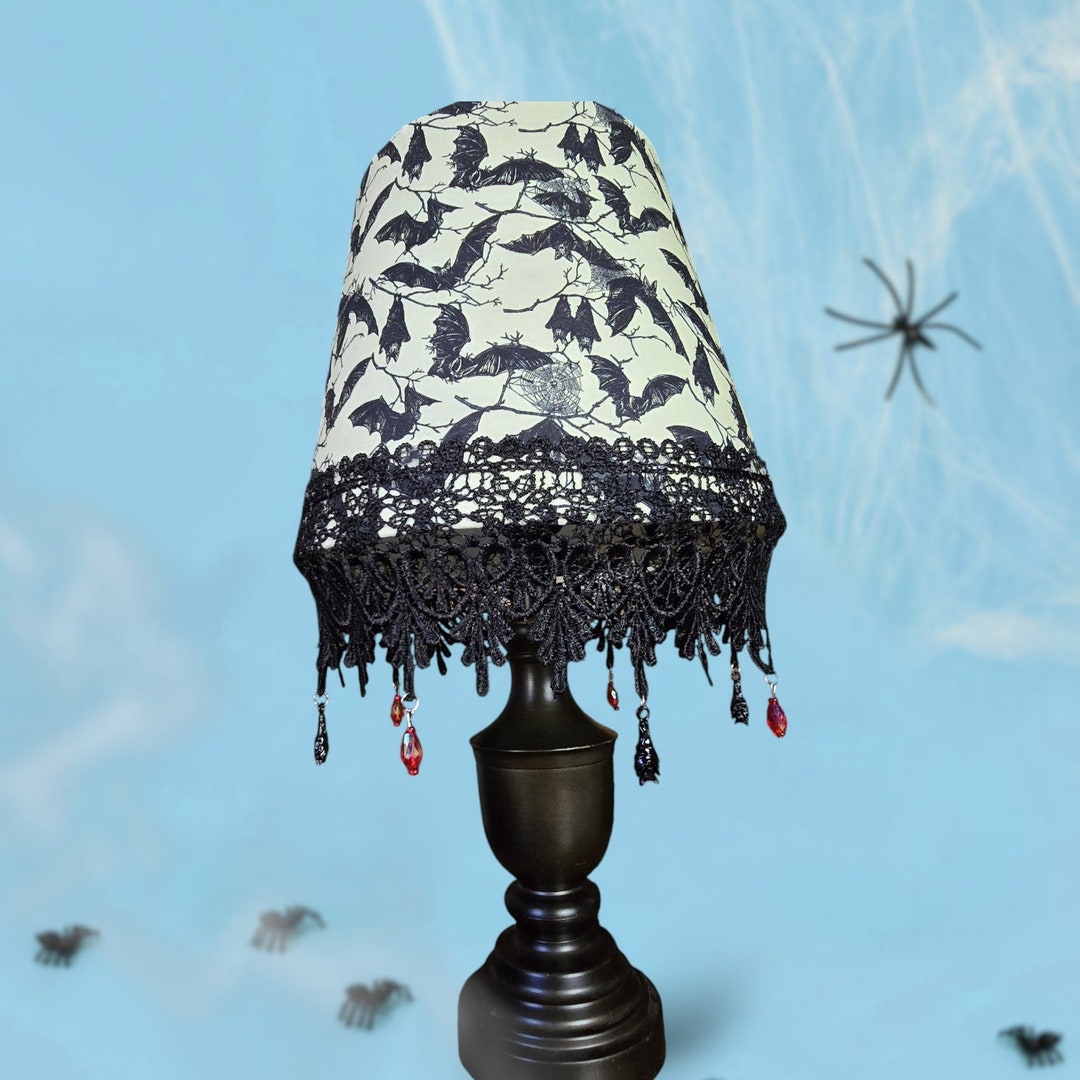 Retro Spooky Bat Print Lamp Shade With Gothic Lace Trim & Dangling Bats ...