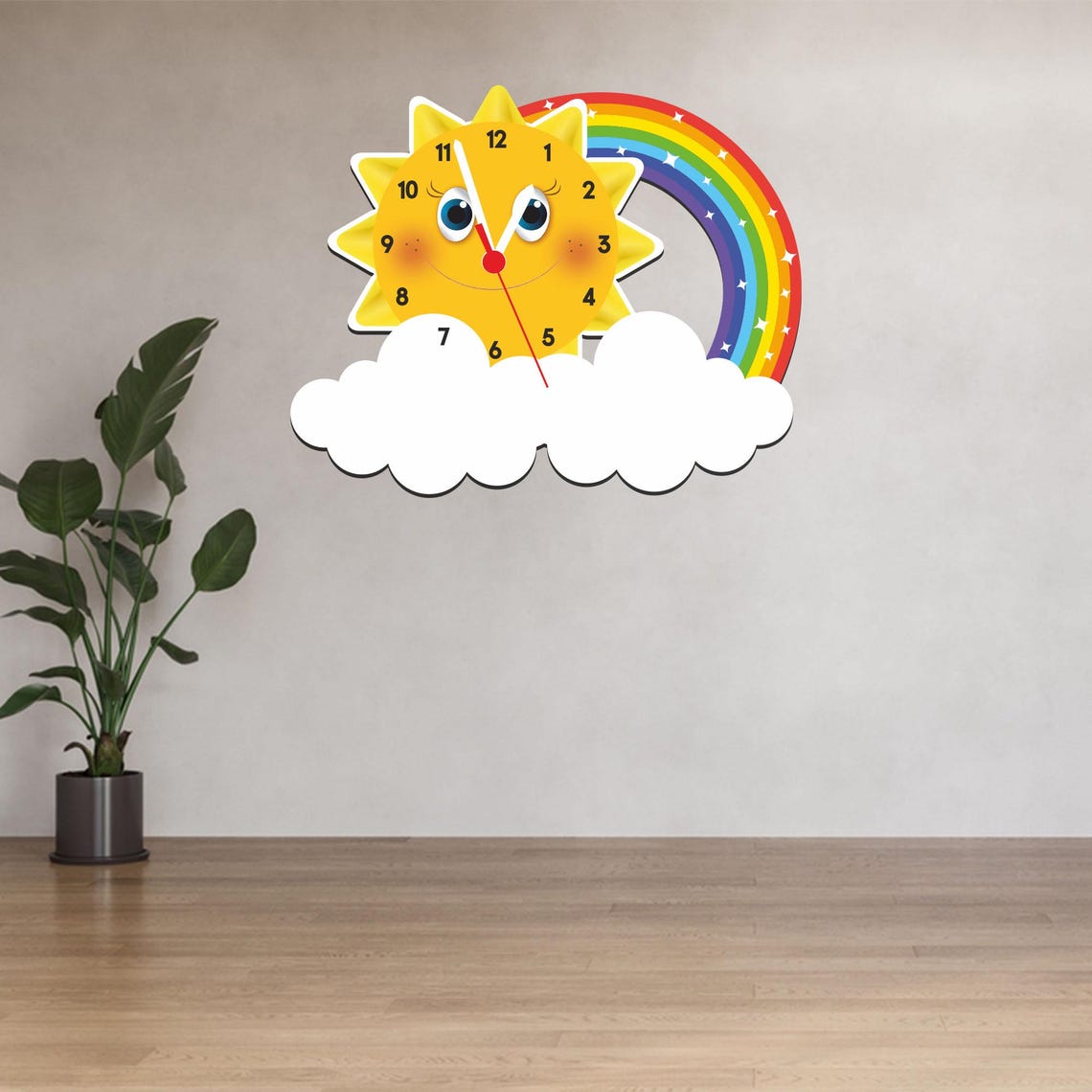 Cute Sun Rainbow Cloud Kids Room Wall Clock, Metal Custom Wall Clock ...