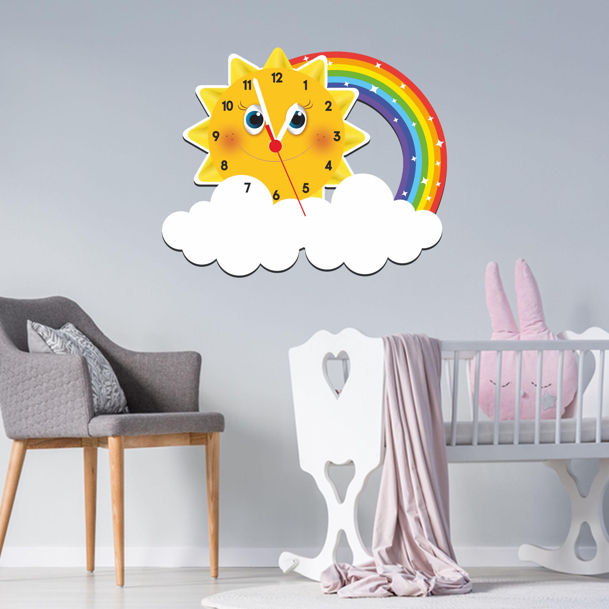 Cute Sun Rainbow Cloud Kids Room Wall Clock, Metal Custom Wall Clock ...