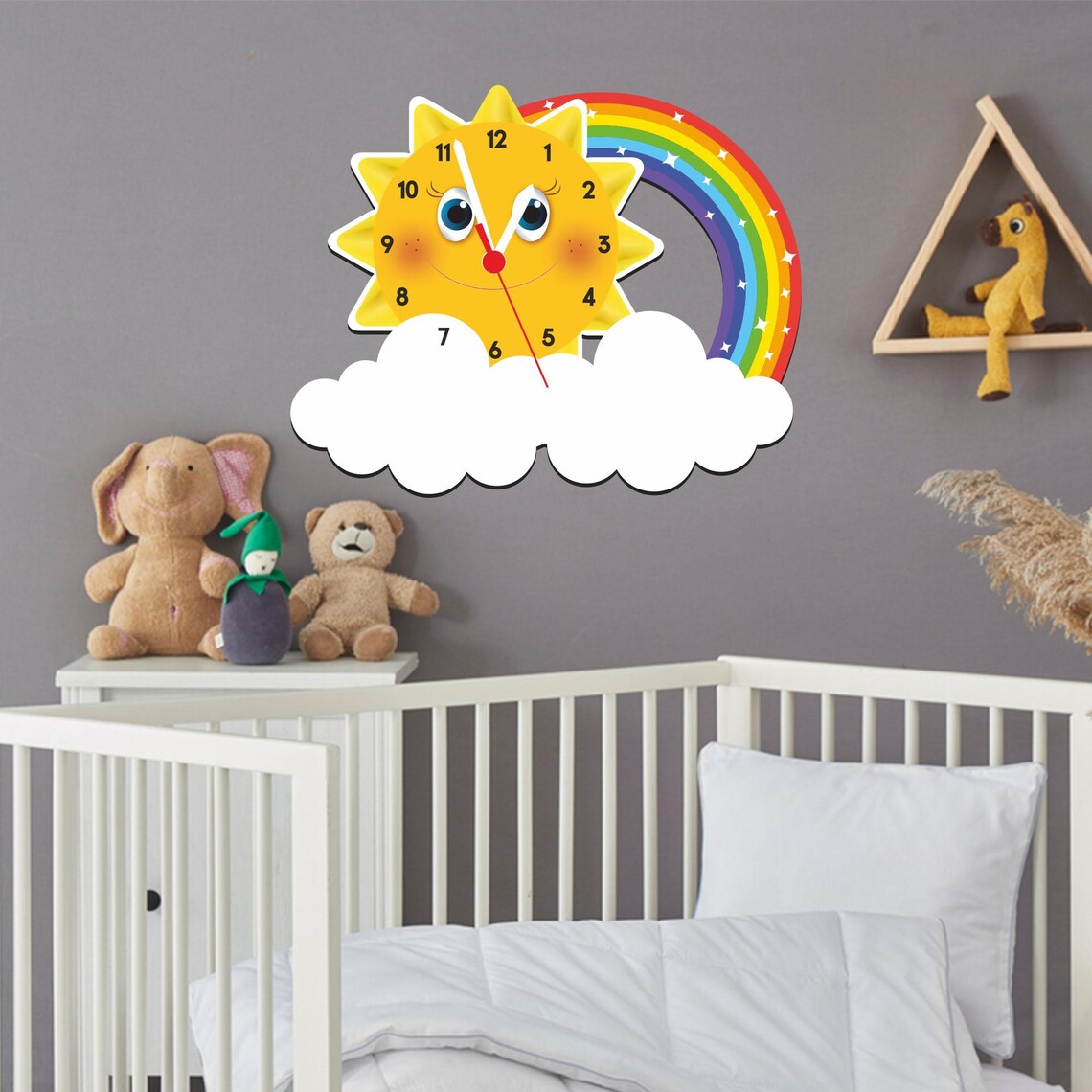 Cute Sun Rainbow Cloud Kids Room Wall Clock, Metal Custom Wall Clock ...