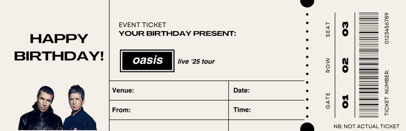 Print at Home - Oasis Reunion Ticket Themed Birthday Card With Ticket ...
