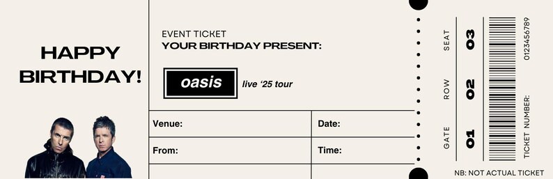 Oasis Reunion Ticket Themed Birthday Card With Ticket Style Insert ...