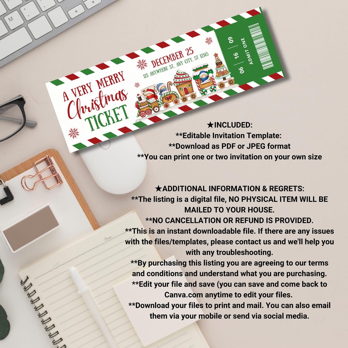 Christmas Party Ticket, Event Ticket Pintables, Editable Event Tickets ...