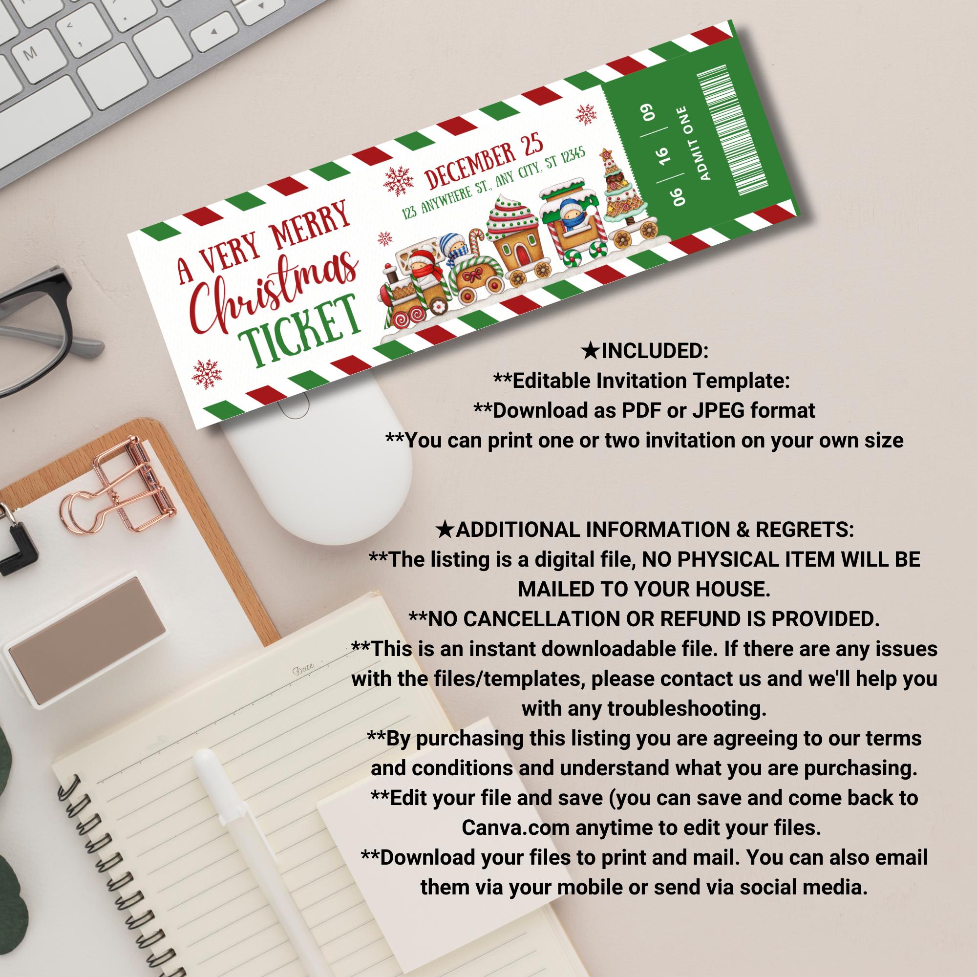 Christmas Party Ticket, Event Ticket Pintables, Editable Event Tickets ...