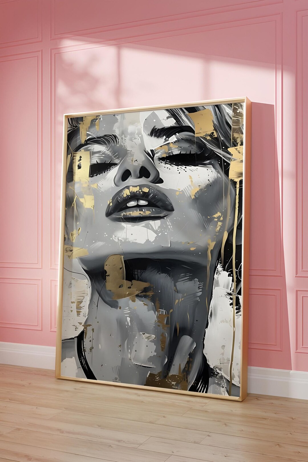 Abstract Gold Woman Face Canvas Print / Modern Wall Art / Instant ...