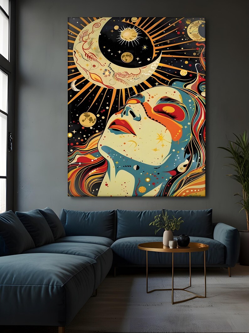 Bohemian Cosmic Woman Art Print, Psychedelic Moon and Woman Illustration Poster, Spiritual Wall ...