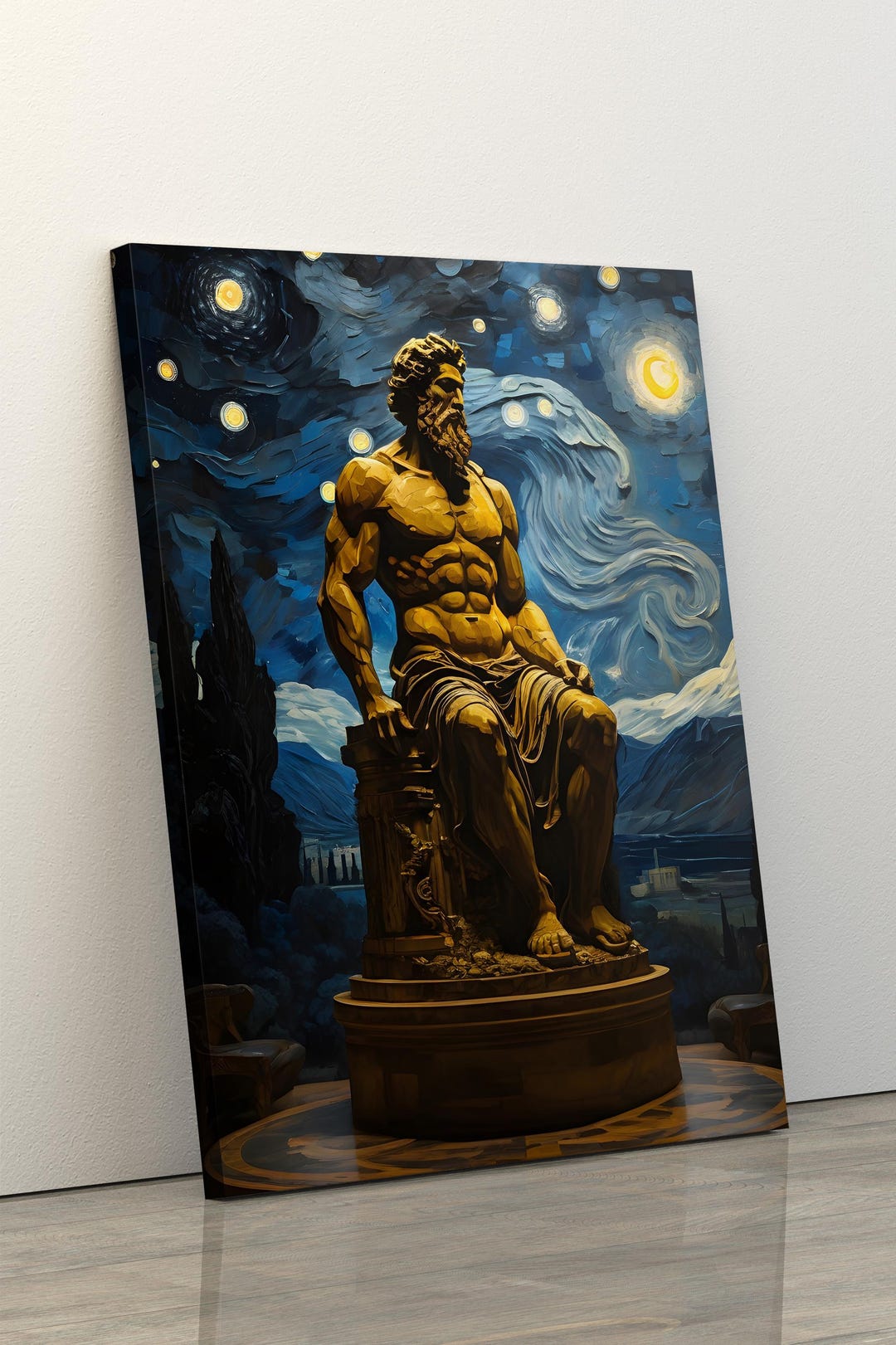 Seated Zeus Statue Van Gogh Starry Night Painting, Zeus Statue Canvas ...