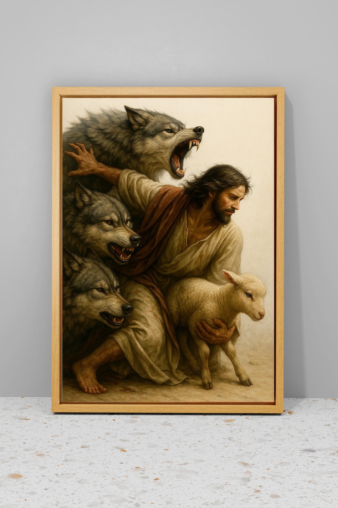 Jesus Protecting the Lamb From Wolves Canvas, Spiritual Wall Art ...