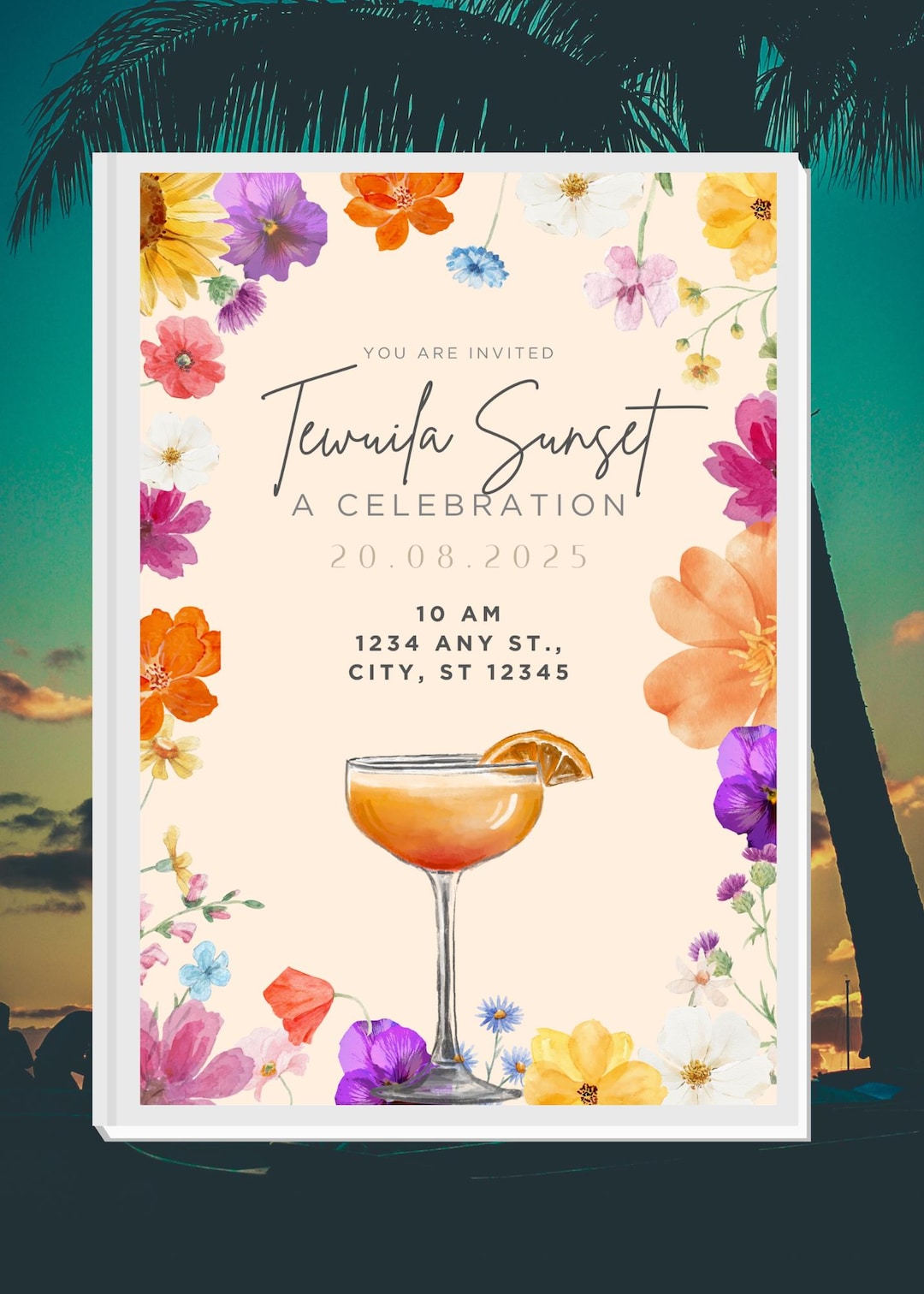 Sunset Party Invitation, Tequila Sunset Party, Editable Canva, Digital ...