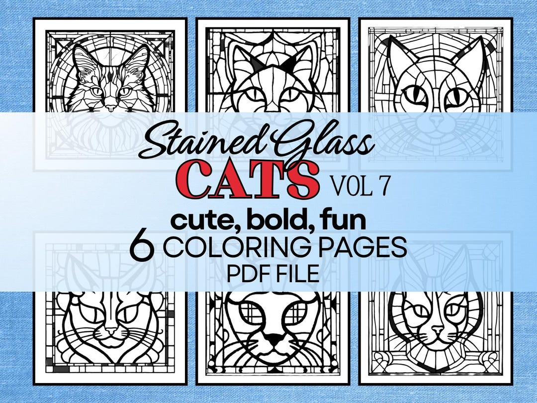 6 Stained Glass Cat Face Coloring Pages: Printable Instant Digital ...