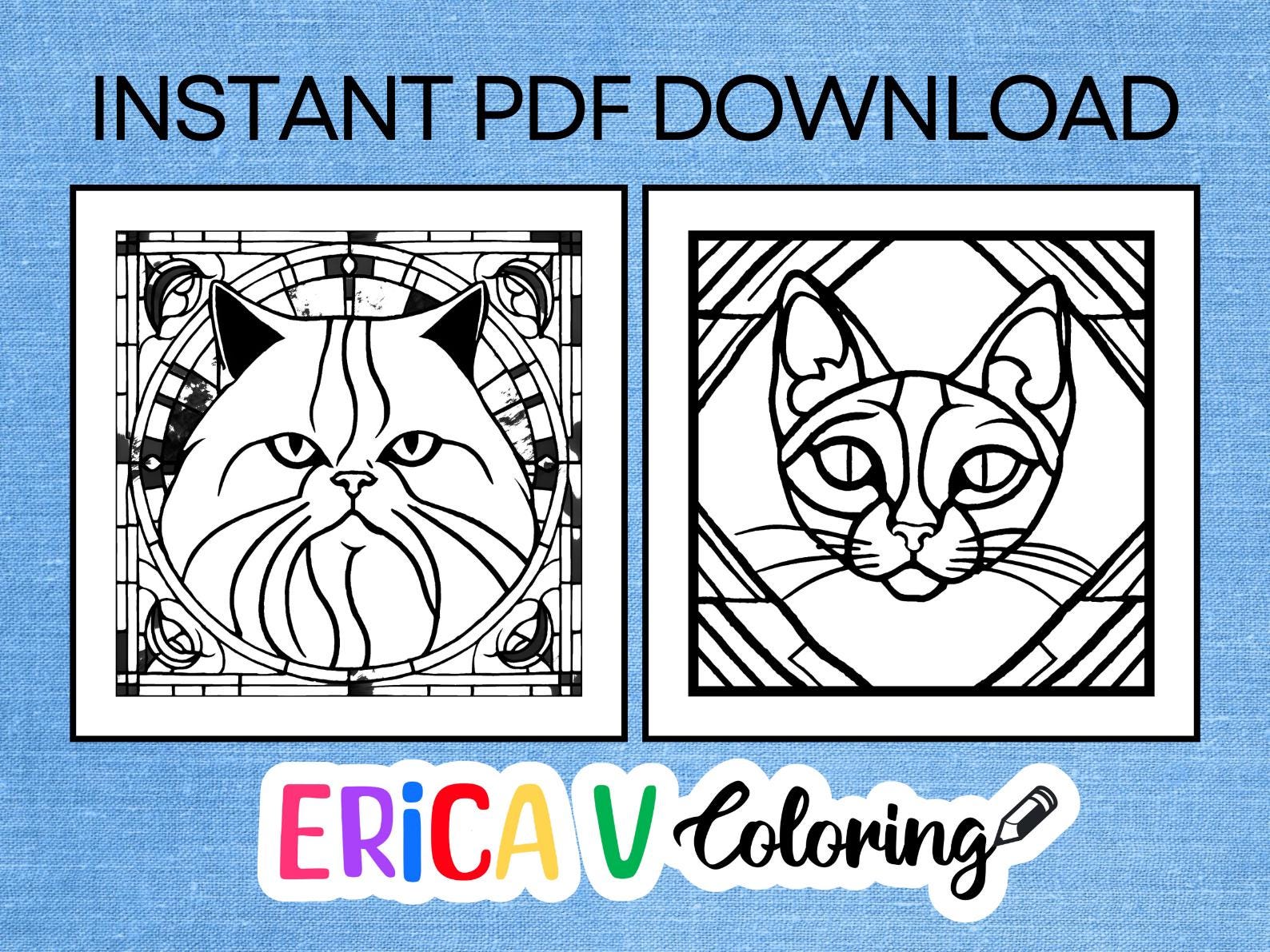Stained Glass Cat Coloring Pages: Fun, Relaxing Designs (PDF) - Etsy
