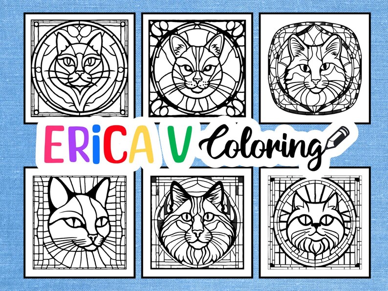 6 Stained Glass Cat Face Coloring Pages: Printable Instant Digital ...
