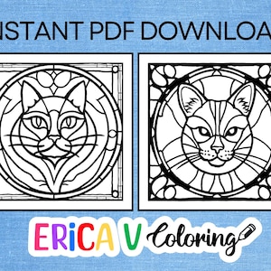 6 Stained Glass Cat Face Coloring Pages: Printable Instant Digital ...