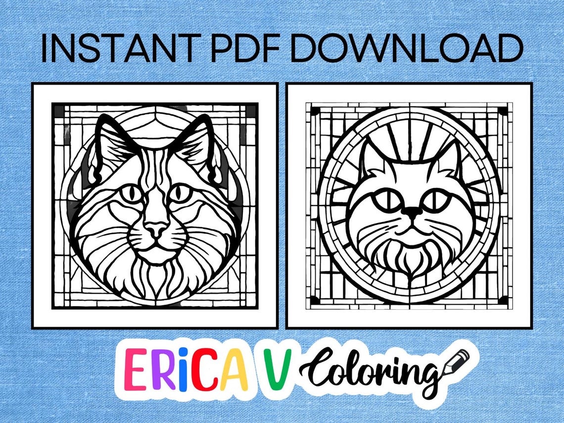 Stained Glass Cat Coloring Pages: Relaxing Designs (digital Download ...