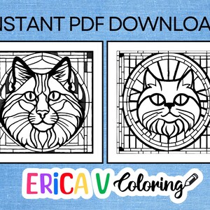 6 Stained Glass Cat Face Coloring Pages: Printable Instant Digital ...